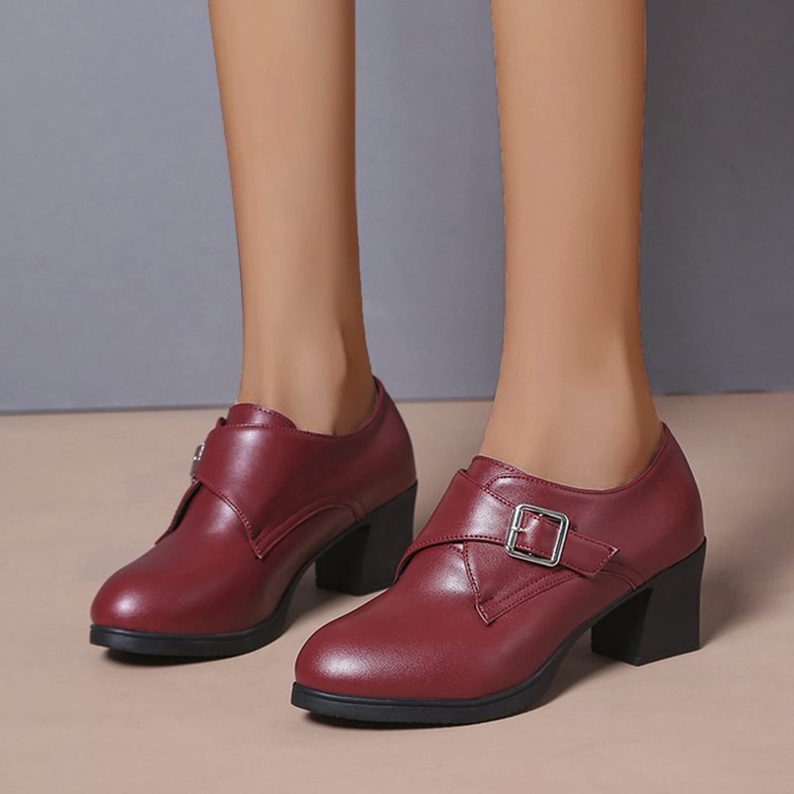 FASDNENDYS Ladies Fashion Solid Color Leather Belt Buckle Chunky High Heel Pumps Casual Shoes 2 Inch High Heels Wine