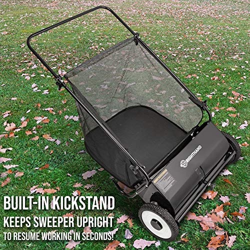 Right Hand 26-Inch Push Lawn Sweeper, Strong Rubber Wheels & Heavy Duty Durable Steel Structure Sweeps Leaf Grass & More, 7ft Mesh Collection Bag, 4 Spinning Brushes