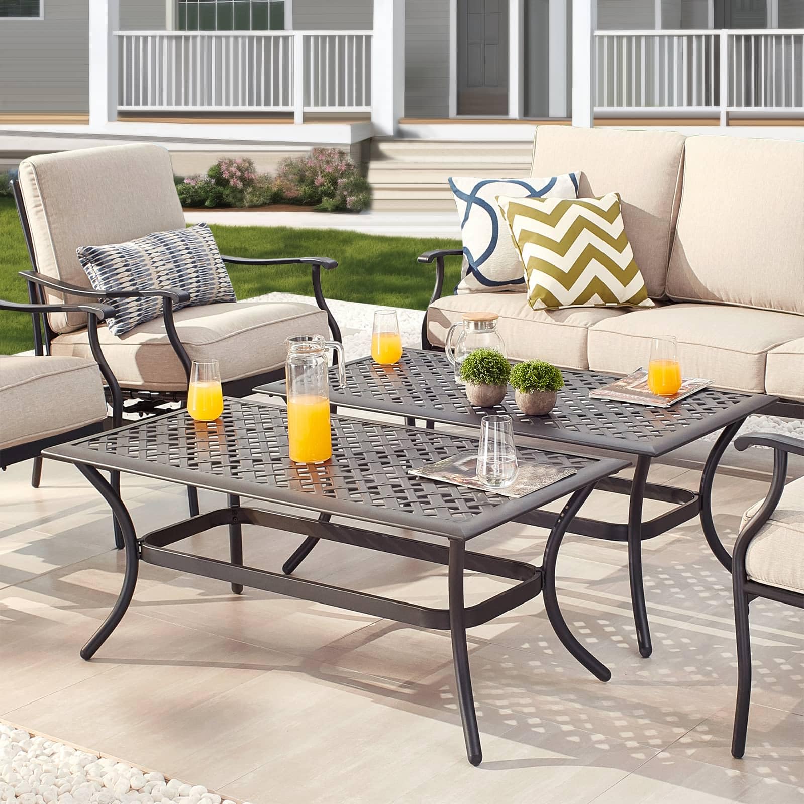 PatioFestival Patio Conversation Set 6 Pieces Metal Outdoor Furniture Seating Sets with Beige Thick Cushions, Rocking Chairs & Coffee Table & Loveseat