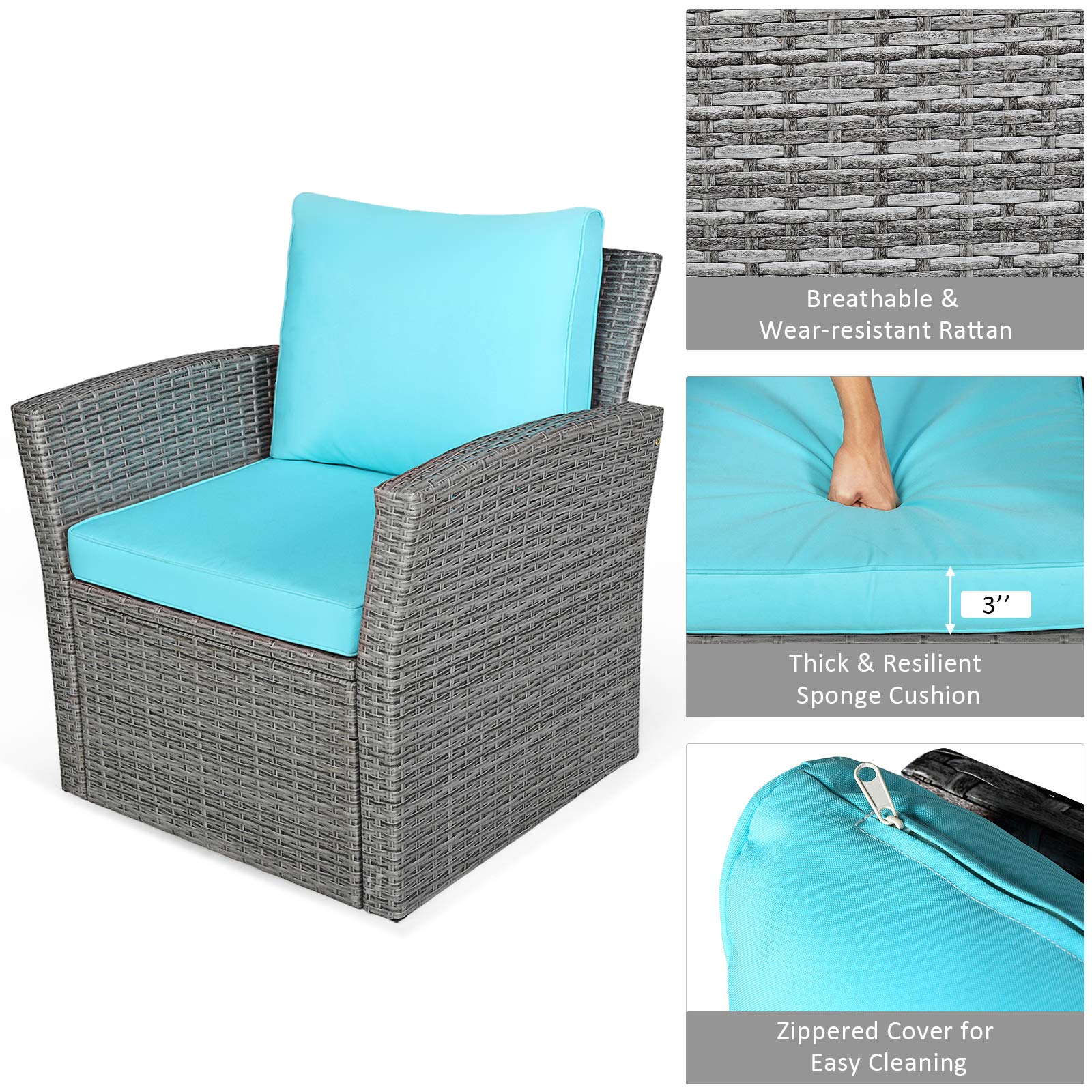 Tangkula 4 Pieces Patio Furniture Set, All Weather Outdoor Sectional Rattan Sofa Set with Cushions & Tempered Glass Table, Wicker Conversation Couch Set for Backyard Garden Poolside (Turquoise)