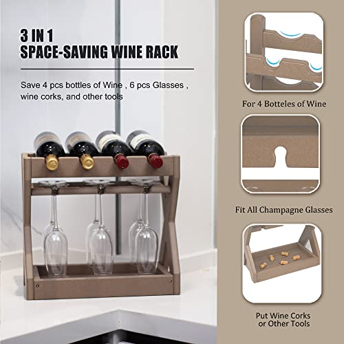 KORVOS Countertop Wine Racks with Glass Holder,4 Bottles Small Wine Rack,High-Density PE Tabletop Wine Bottle Holder for Kitchen, Living Room, Wine Cellar,Bar(Apricot Color)