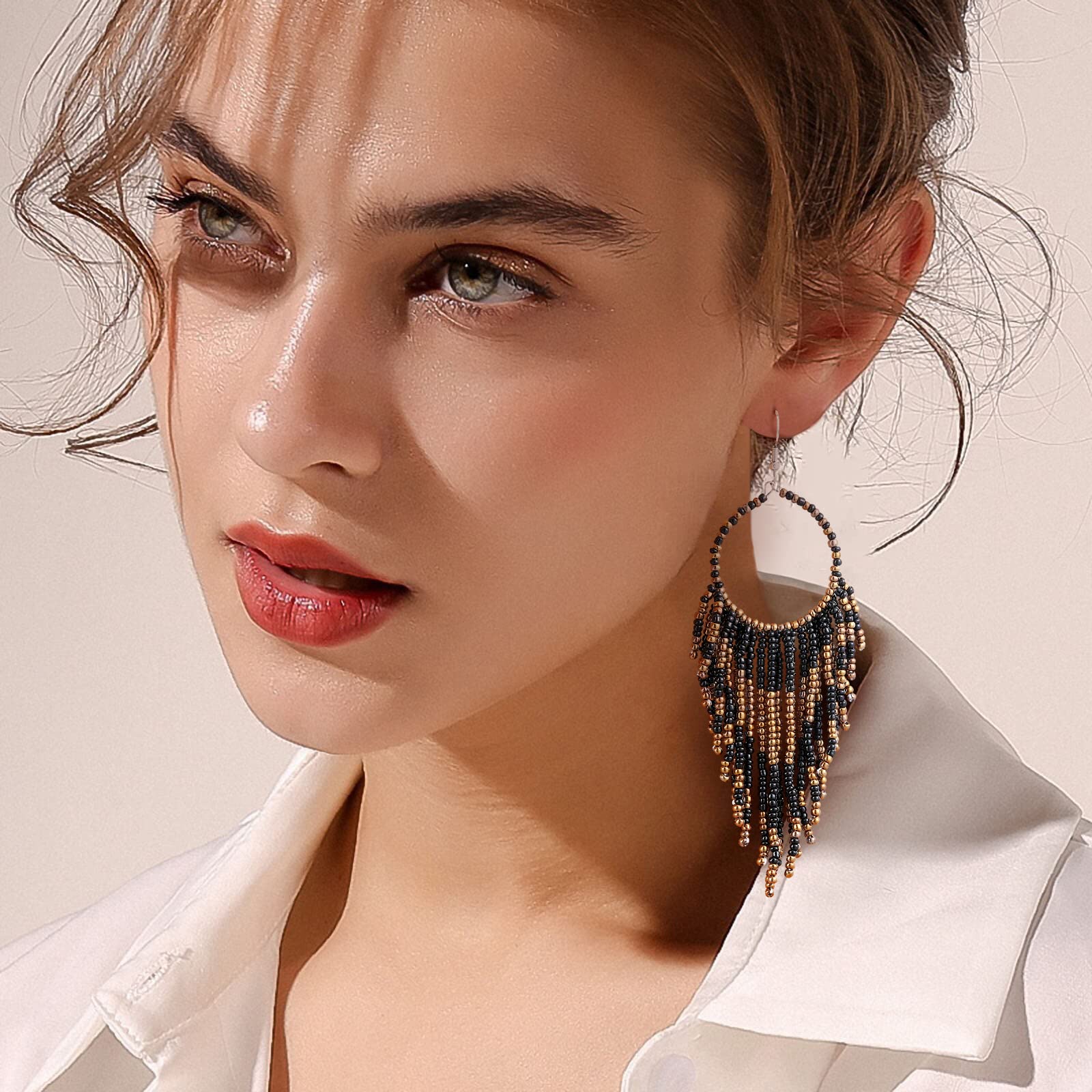 DoreenBow Long Beaded Tassel Black Earrings Boho Hoop Beaded Dangle Earrings Handmade Seed Bead Earrings Black and Gold Fringe Drop Earrings for Women and Girls