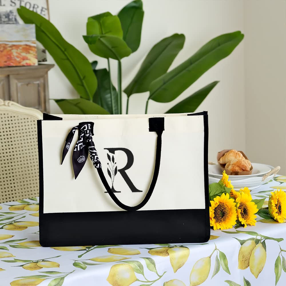 CROWNED BEAUTY Canvas Tote Bag with Zipper Pocket, Personalized Birthday Gift for Women, Embroidery Initial Letter R Bag for Vacation Beach CT43-R
