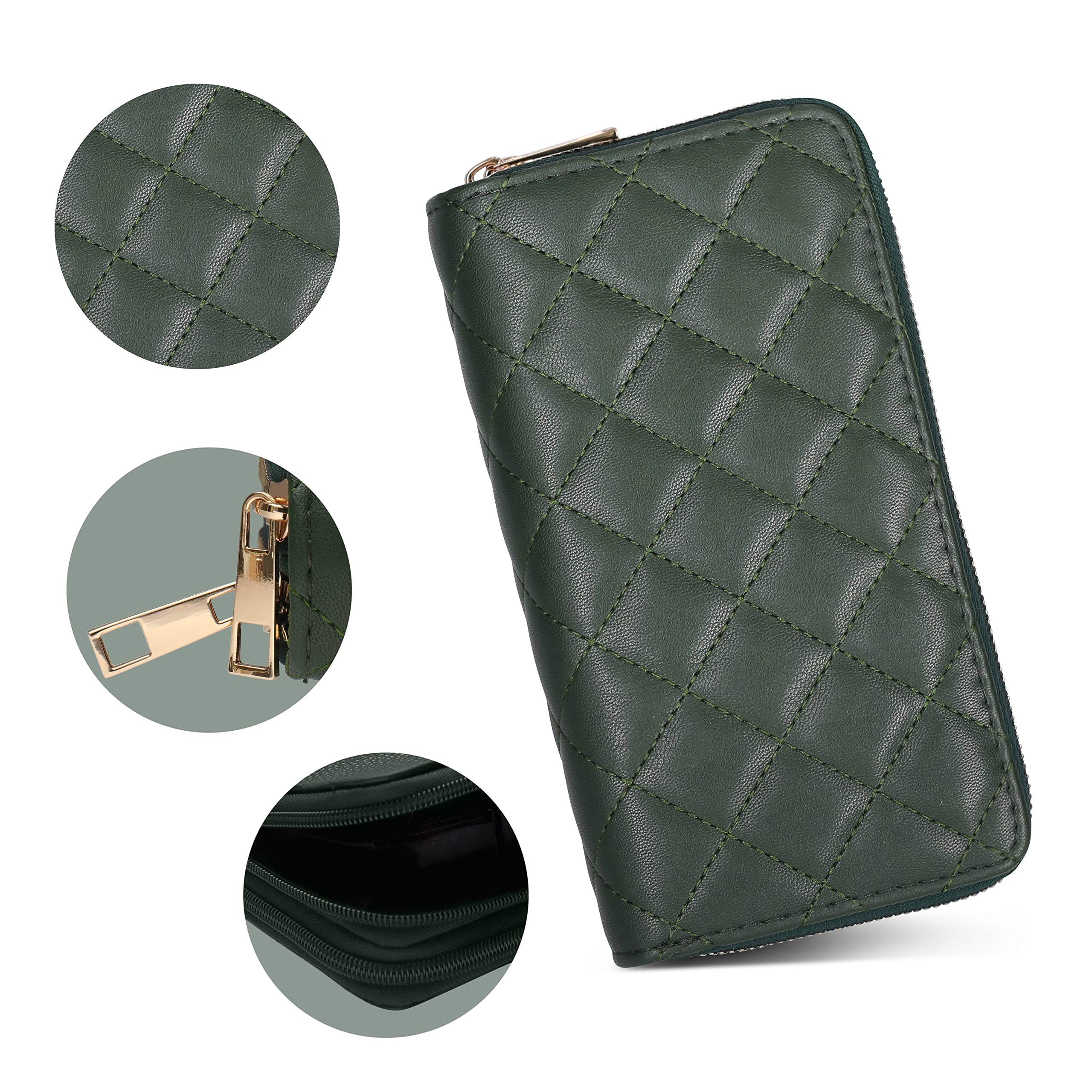Couture Gems Olive Quilted Purse DOUBLE ZIPPER Wallet Quilted Womens Wallet Large Capacity Clutch Wallet For Women Cell Phone Holder Clutch Organizer