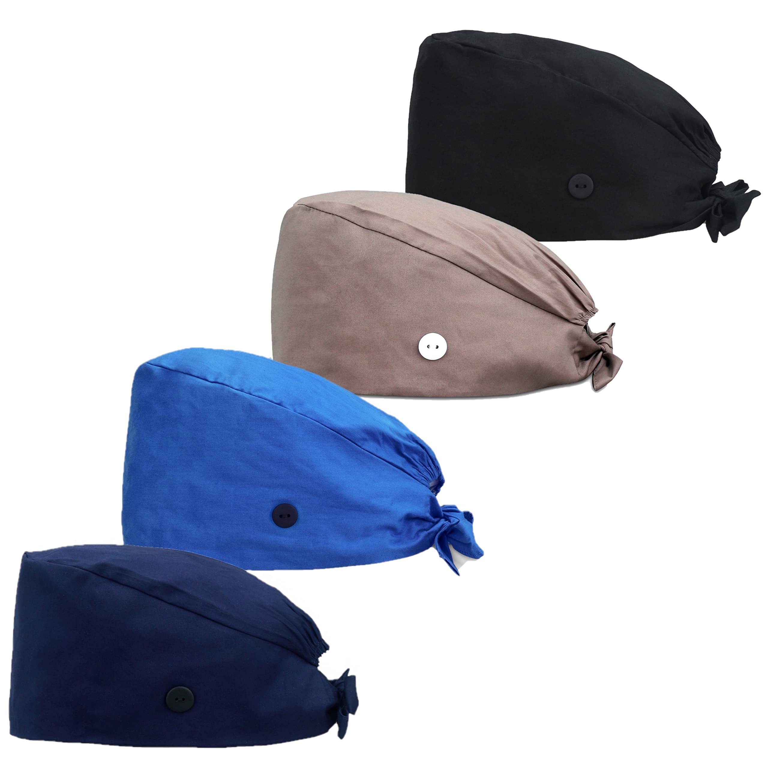 Dfit Adjustable Working Cap with Button, 4 PCS, Cotton Working Hat Sweatband, Elastic Bandage Tie Back Hats for Women & Men, One Size, BLK + Indigo Blue + Navy + Dark Grey