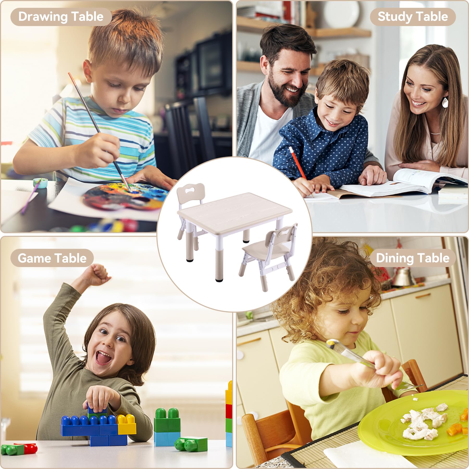 DOREROOM Kids Table and 2 Chairs Set, Height-Adjustable Toddler Table and Chair Set with Graffiti Desktop, 31.5''L x 23.6''W Children Activity Table for Daycare, Classroom, Home