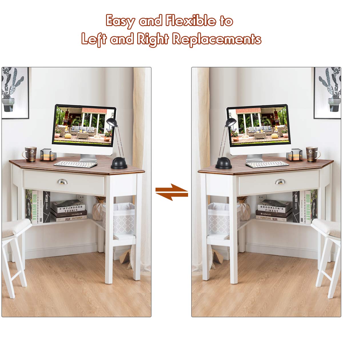 Tangkula Corner Desk, Corner Computer Desk with Drawer for Small Space, Small Corner Makeup Vanity Desk, 90 Degrees Triangle Corner Desk with Storage Shelves (Natural & White)