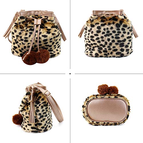 Van Caro Women’s Faux Fur Drawstring Bucket Bag Shoulder Crossbody Bag, Leopard Brown