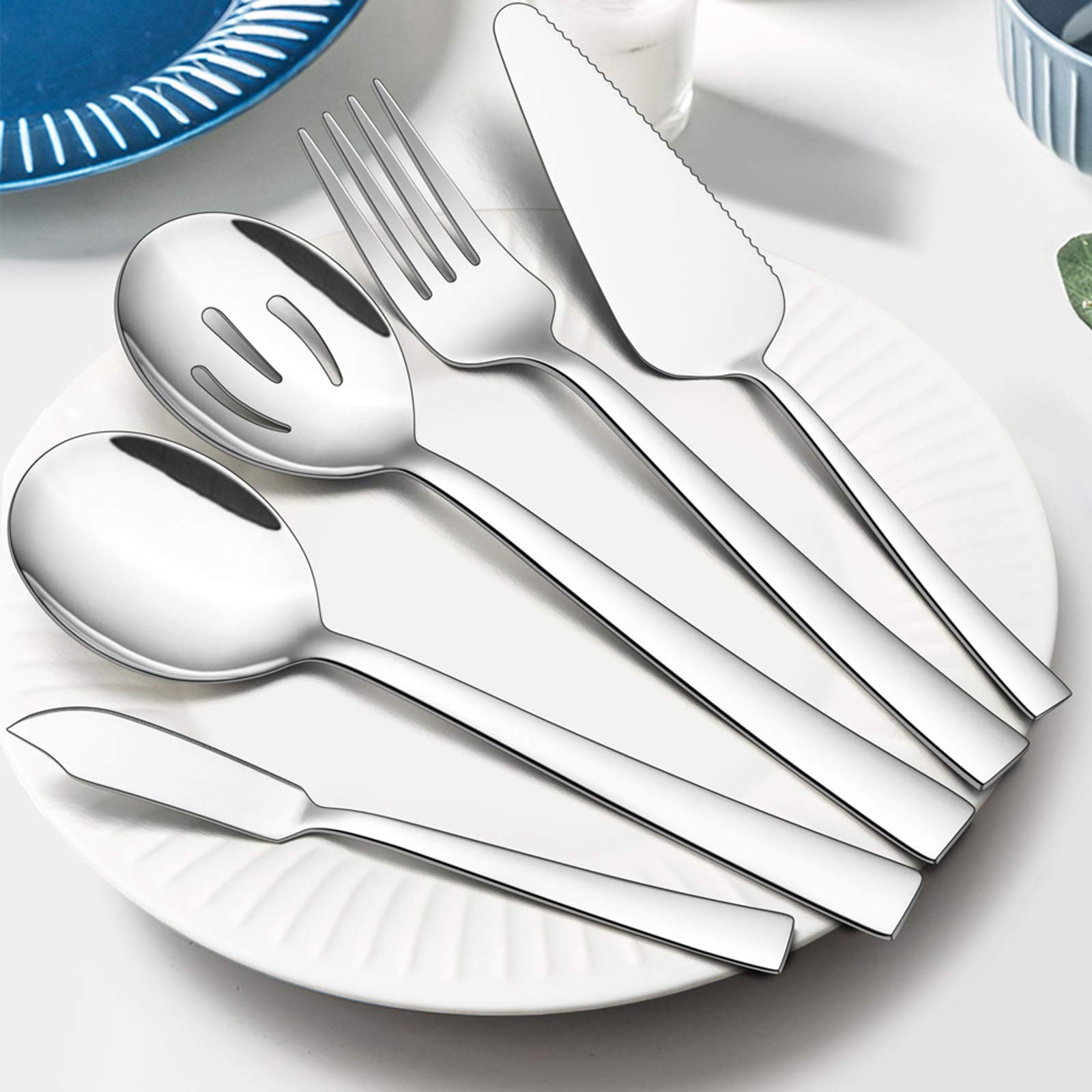 E-far 5-Piece Serving Utensils, Stainless Steel Square Edge Hostess Serving Set for Buffet Party Kitchen Restaurant, Mirror Finished & Dishwasher Safe