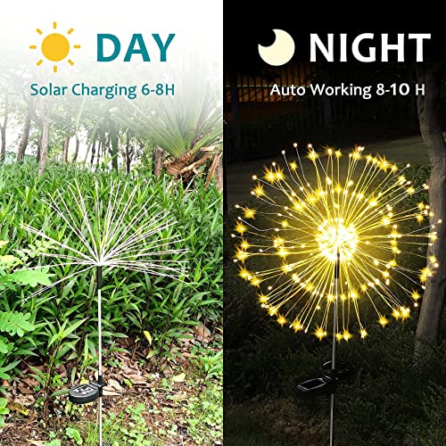 JJGoo Solar Garden Lights, 2 Pack 150 LEDs 2 Lighting Modes Waterproof Fireworks Light for Outdoor Patio Walkway Pathway Decorative - Warm White