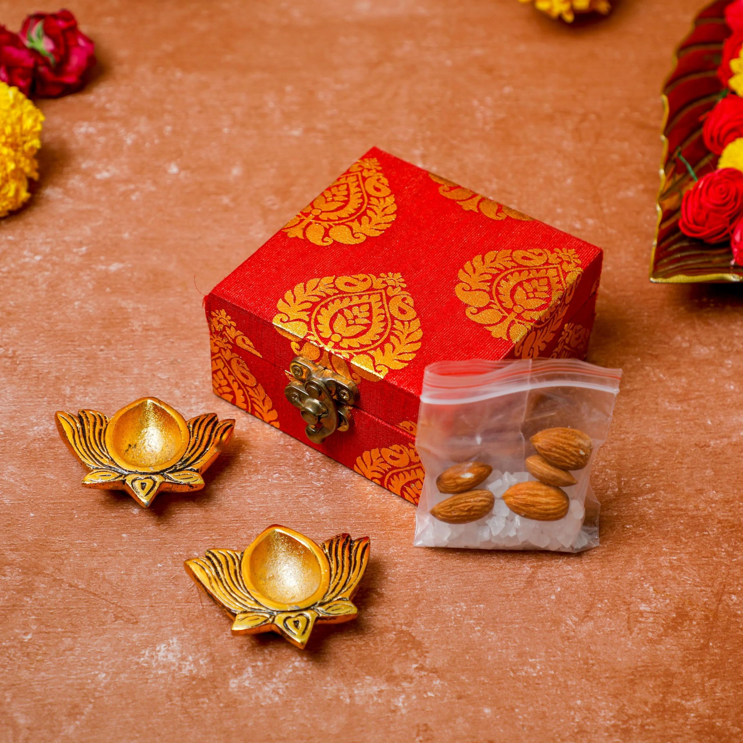 Desi Favor Lotus Diyas & Mishri Bliss Gift Box for Diwali Decoration | Traditional Diwali Gift Box + 2 Metal Diyas + Mishri Almonds for Family/Friends, Festive Diwali, Mandir, Puja, Pooja - 4 Pack