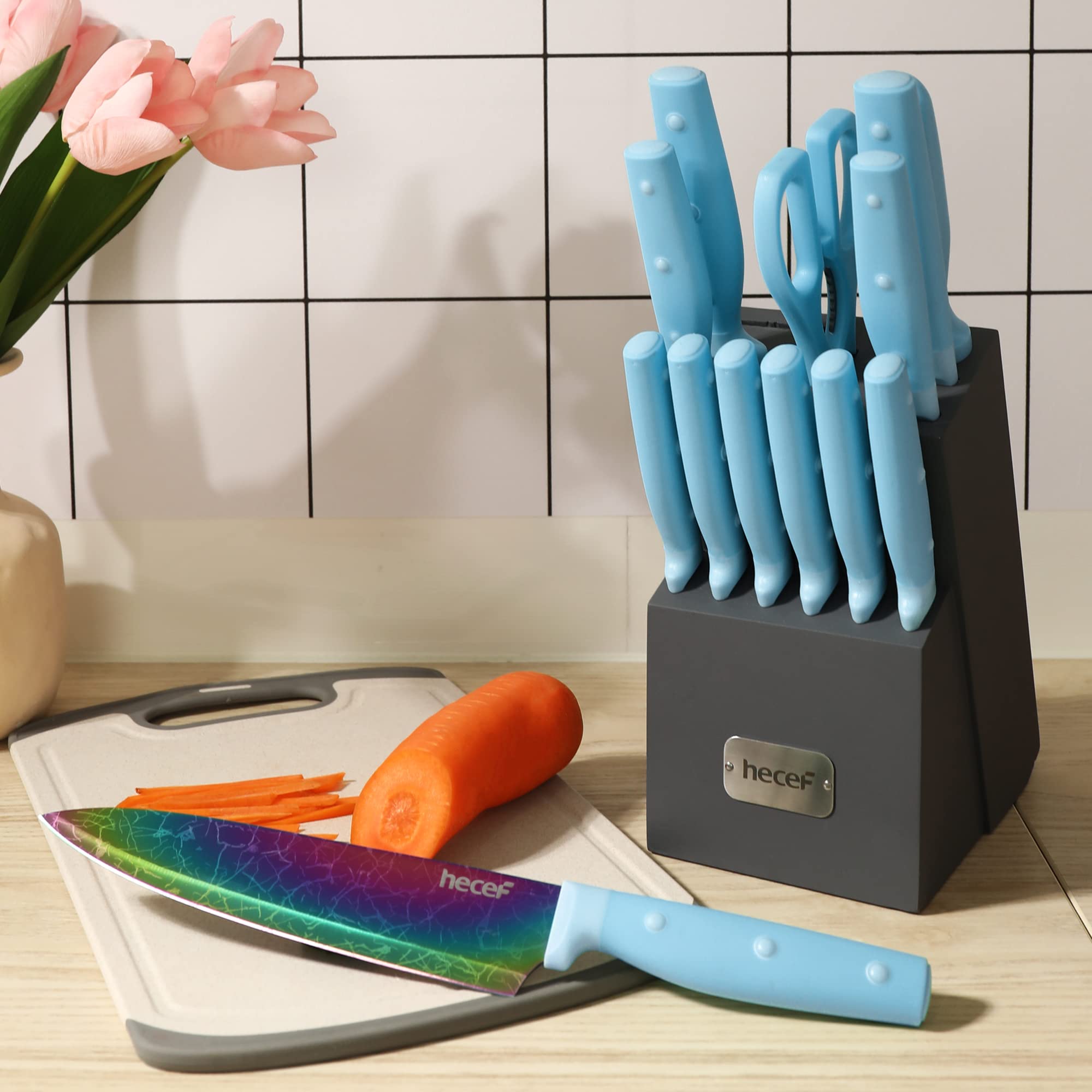 hecef 14 Pieces Knife Set with Block, Rainbow Titanium Knives Set with Laser Pattern, Martensitic Stainless Steel Chef Knife Set with Sharpener, Steak Knife, Scissors, Mothers Day Gift(Blue)