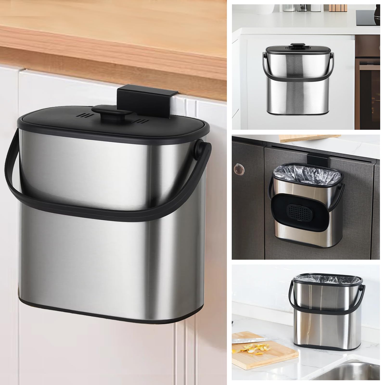 Tegneo Kitchen Compost Bin Countertop, 1.3 Gallon Stainless Steel Kitchen Garbage Can with Lid, Hanging Trash Can for Kitchen Cabinet Door, Under Sink or Wall Mount, Odorless