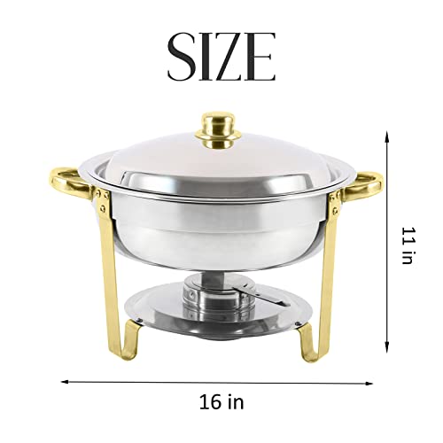 Restlrious Chafing Dish Buffet Set Round Stainless Steel 5QT Chafers and Buffet Warmers Sets for Catering, Complete Set with Water Pan, Food Pan, Fuel Holder and Lid in Gold Accents, 3 Pack