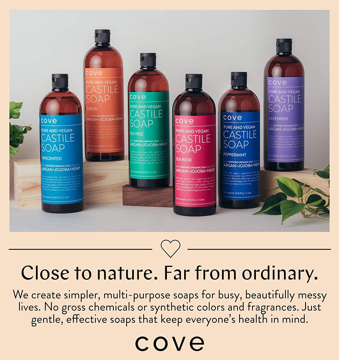 Cove Castile Soap Peppermint - 1 Liter / 33.8 fl oz - Organic Argan, Jojoba, and Hemp Oils