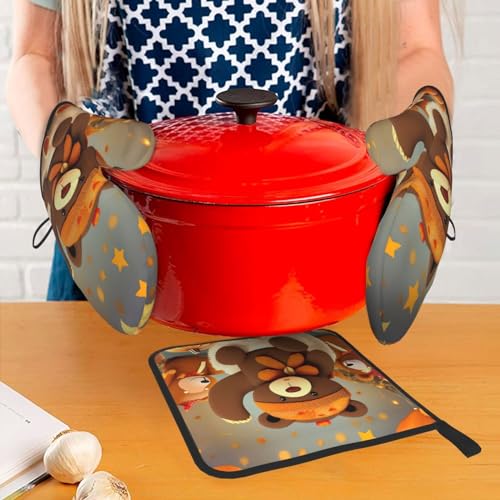 Dancing Thanksgiving Bear Oven Mitts and Pot Holders Set–Ultimate Heat Resistant Set for Kitchen and Dining