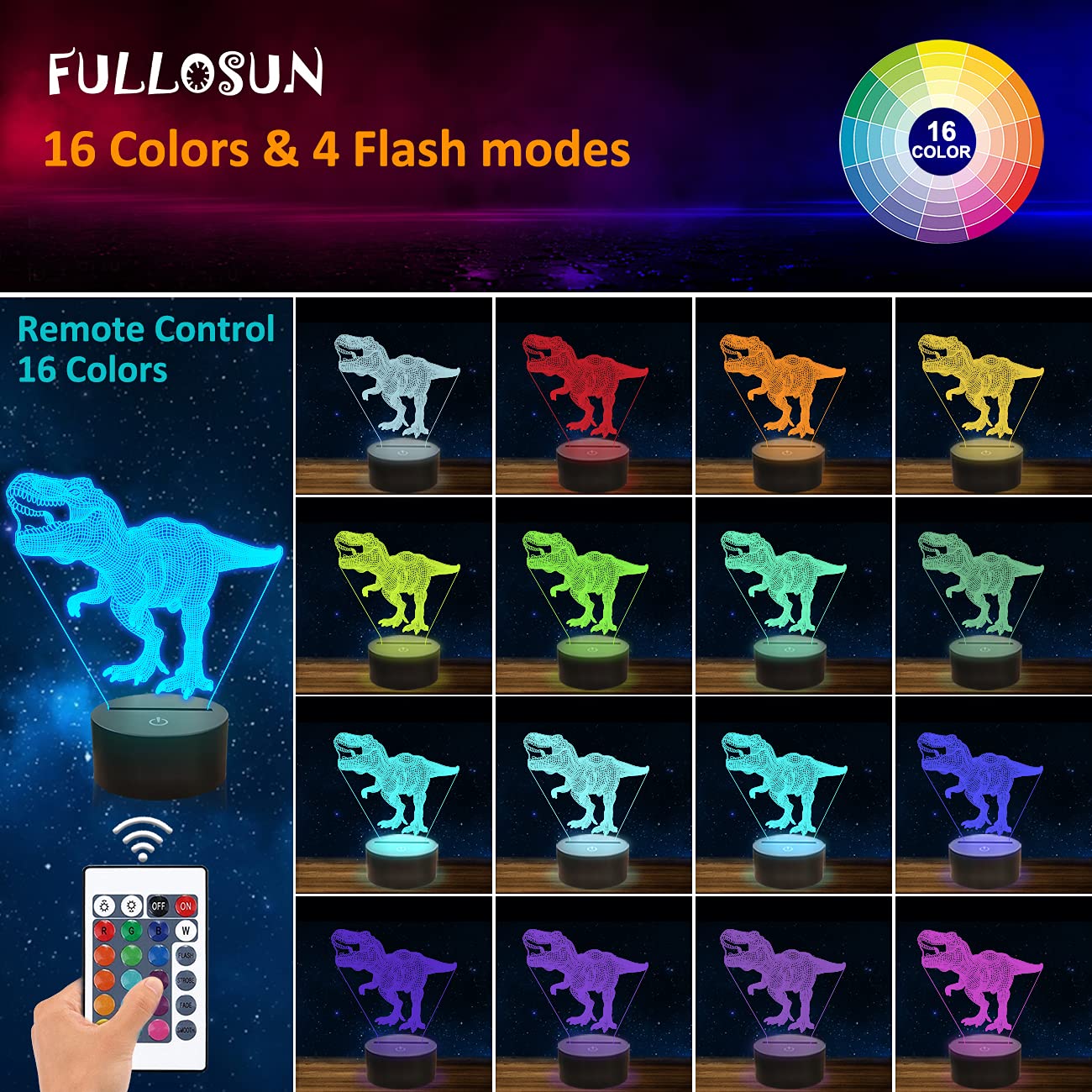 Dinosaur Gifts, Night Light for Kids Dinosaur T-rex 3D Night Light Bedside Lamp with Remote Control 16 Color Changing Xmas Halloween Birthday Gift for Child Baby Boy