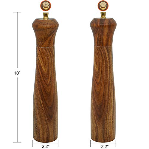 Wooden Salt and Pepper Grinder set, Acacia Wood salt and pepper grinders refillable,pepper mill with Adjustable Coarseness,salt and pepper grinders shaker Tableware Gifts 10" 2PC
