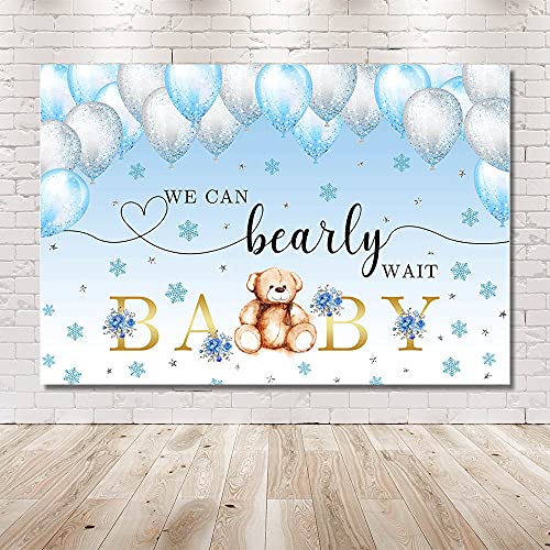 MEHOFOND 7x5ft Winter Snowflake Bear Boy Baby Shower Backdrop We Can Bearly Wait Bear Blue and Silver Balloons Photography Background Party Decor Cake Table Decor Banner Photo Booth