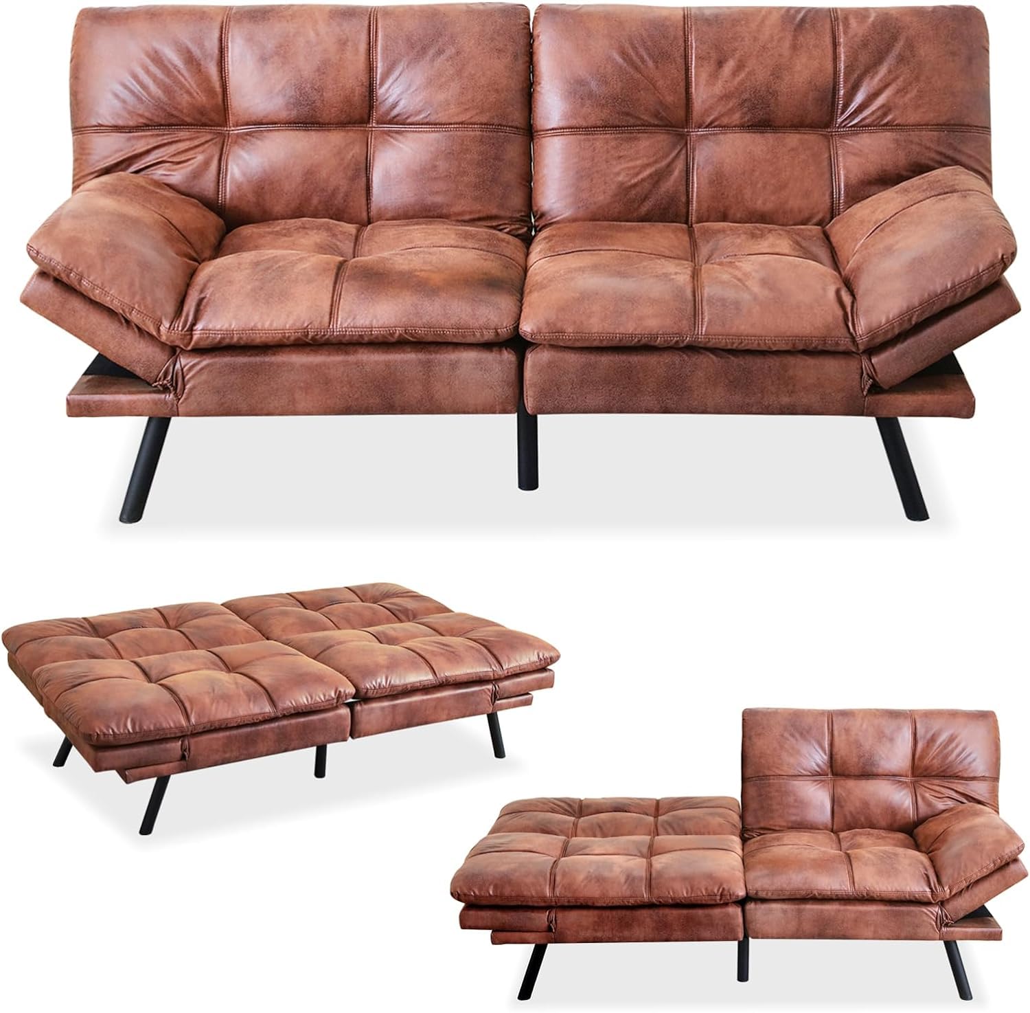 MUUEGM Futon Bed Couch Sofa Convertible Sleeper Love Seat Sofa,Modern Memory Foam Faux Leather Daybed Adjustable Armrests Backrest,Futon Sofa for Living Room Compact Space Office Apartment,71",Brown