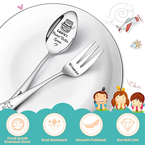 Nibana Custom Toddler Utensils, 2 PCS Personalized Kids Silverware Set, Stainless Steel Toddler Fork and Spoon with Engaved Name Dinosaur Unicorn Bunny, Mirror Polished, Dishwasher Safe