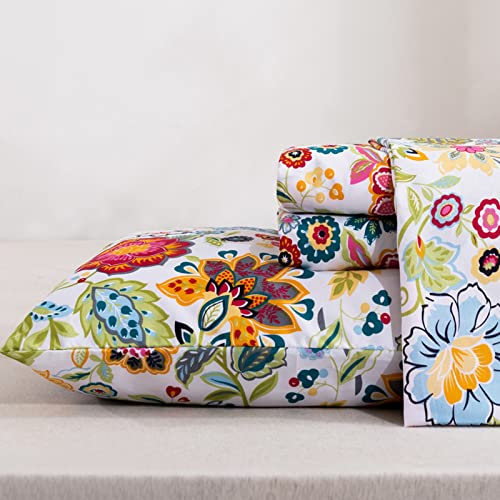 MEISHANG Queen Sheet Set Floral Printed Sheets Ultra Soft 100% Microfiber - 16 Inch Deep Pocket Breathable Comfortable Bed Sheet Set - 4 Pieces Spring Flower Queen