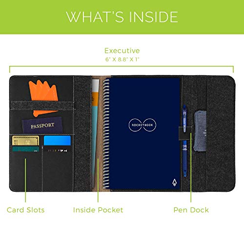 Rocketbook Smart Notebook Folio Cover - 100% Recyclable, Biodegradable Cover with Pen Holder, Magnetic Clasp & Inner Storage - Dark Matter Black, Executive Size (6" x 8.8")