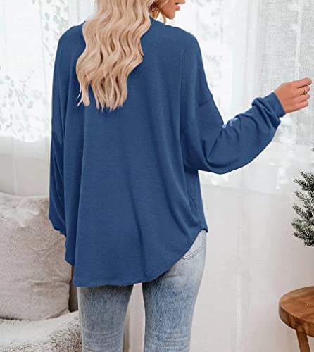 REVETRO Womens V Neck Henley Shirts Long Sleeve Sweatshirts Causal Pullover Button Down Tunic Tops Blue Small