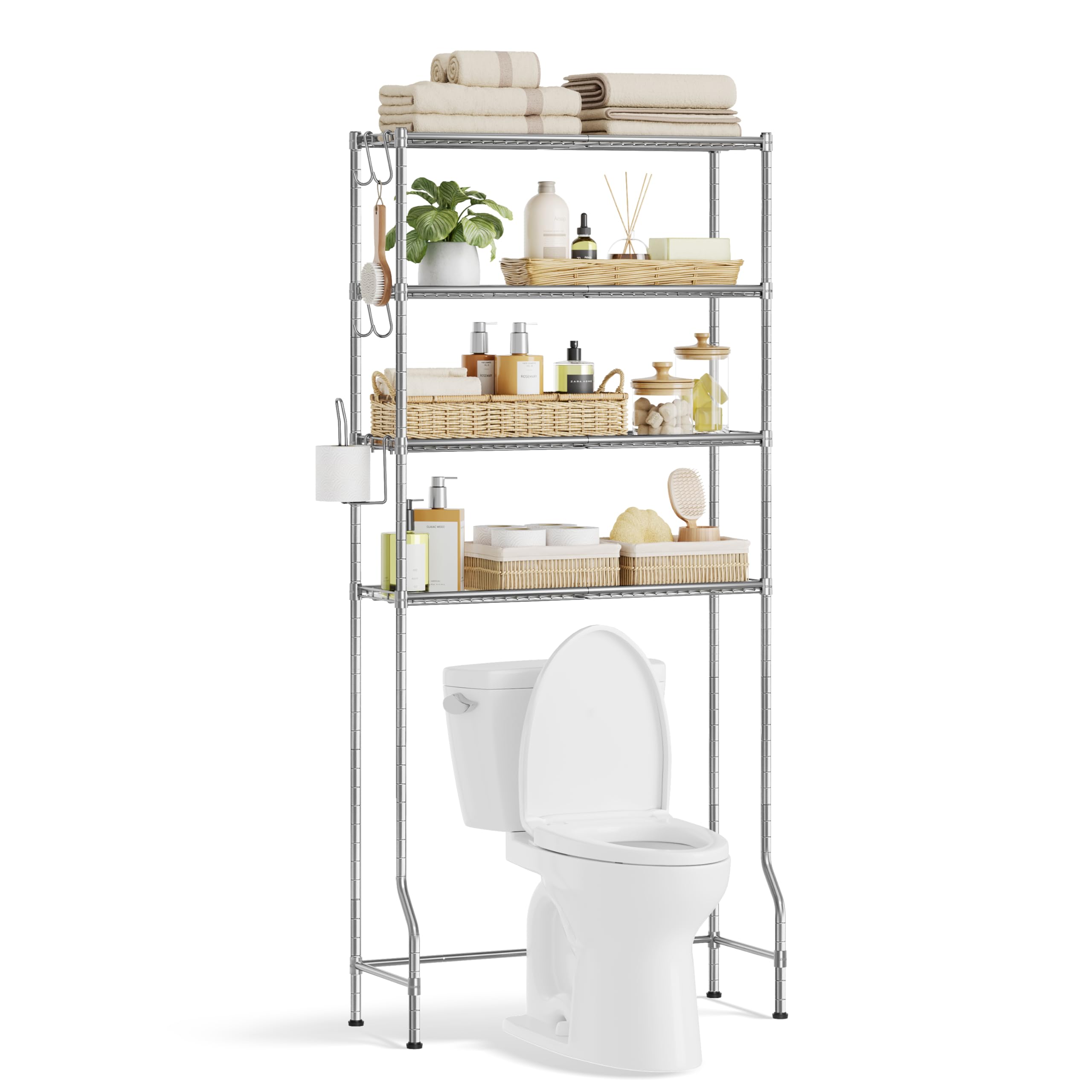 SONGMICS 4 Tier Over The Toilet Storage, Metal Storage Rack, Adjustable Shelves, 4 Hooks, Roll Holder, Space-Saving Bathroom Storage Shelf Organizer, 11.8 x 32.7 x 69.3 Inches, Silver Gray UBTS023G01