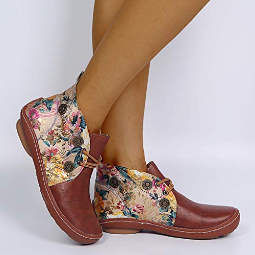 FASDNENDYS Retro Women Leather Flat Lace-Up Flower Print Short Booties Round Toe Shoes Womens Platform Boots Brown
