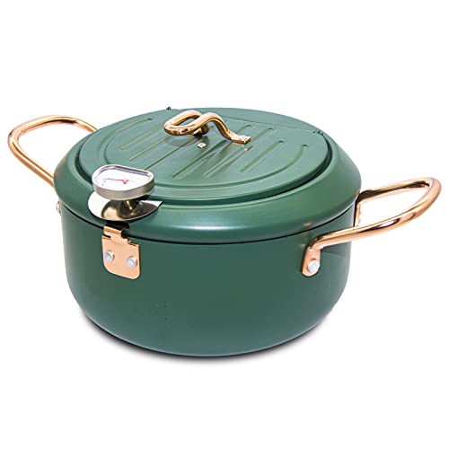 E-Shine Leisure Deep Fryer Pot, Japanese Style Tempura Deep Fryer with Fahrenheit Thermometer, Small and Easy Clean, Vintage Green, DIAM. 8ā
