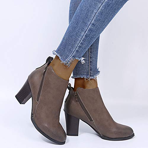 FASDNENDYS Retro Solid Leather Zipper Women Color Toe Round Booties Shoes Heel Short Women's Women Snow Boats