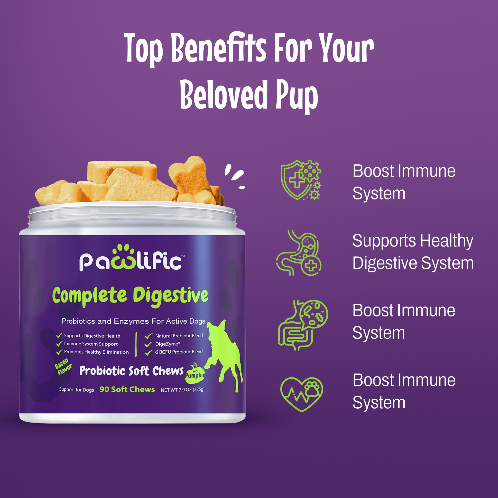 Pawlific Probiotics and Digestive Enzymes for Dogs - Gut Flora, Digestive Health, Diarrhea & Bowel Support - Functional Dog Supplement Soft Chews for Immune System Boost with Pumpkin