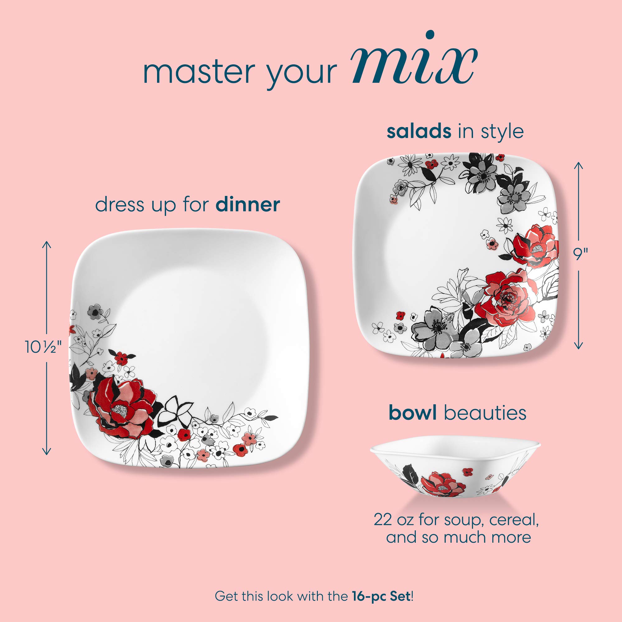 Corelle Boutique Square Chelsea Rose 16-Piece Chip Resistant Dinnerware Set, Service for 4