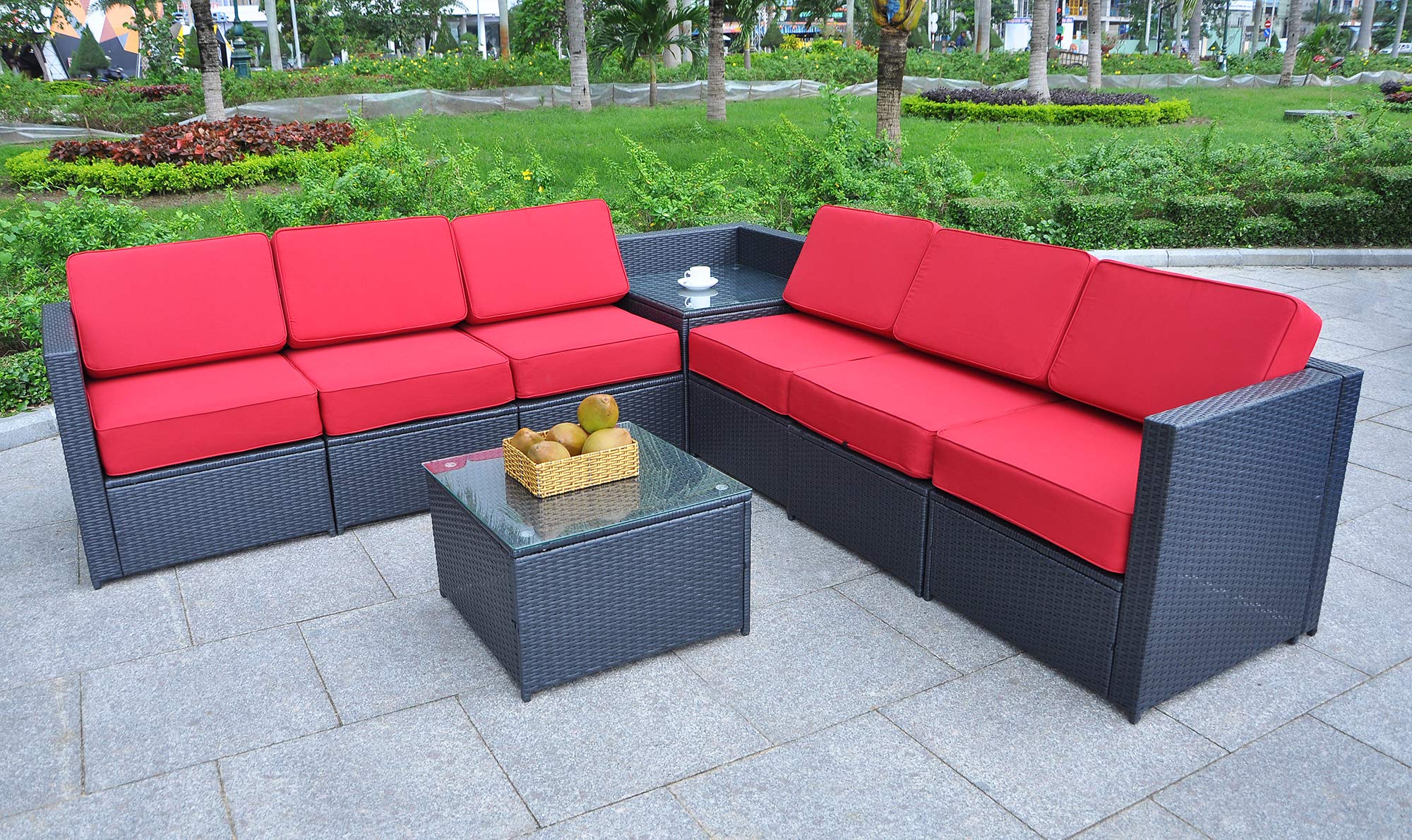 MCombo Outdoor Patio Black Wicker Furniture Sectional Set Resin Rattan Chair Conversation Sofas with Cushion Covers 6085-1008 (Red)