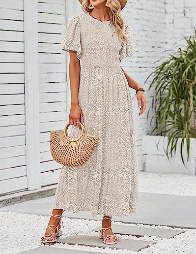 ZESICA Women's 2023 Summer Casual Floral Print Short Flutter Sleeve Crew Neck Smocked High Waist Flowy Maxi Dress,Beige,X-Large
