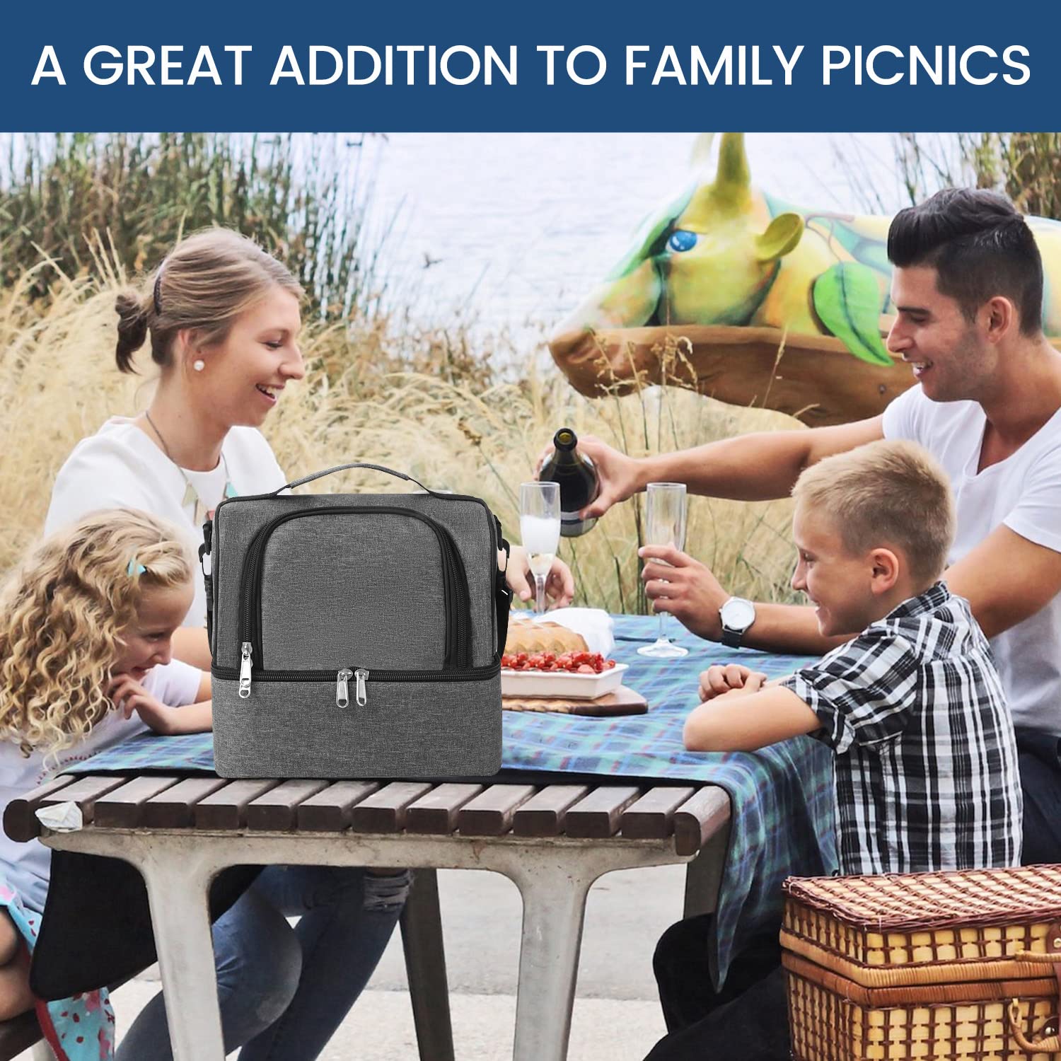 HANKLPH Double Layer Lunch Box for Women/Men, Insulated Lunch Bag Large Adults, Reusable Lunchbox Cooler Bag,Suitable for Work Picnic Hiking Beach (Grey)