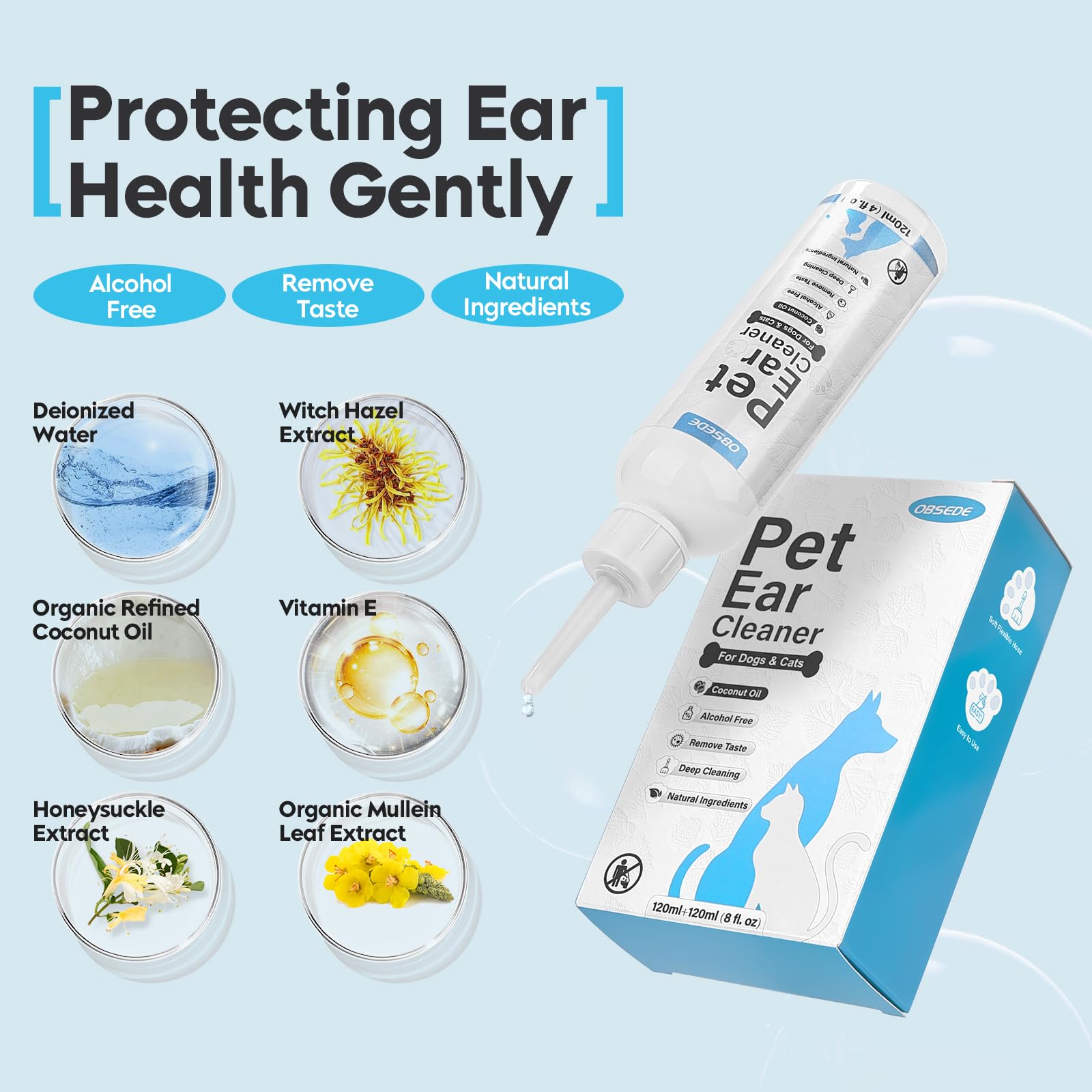 OBSEDE Dog & Cat Ear Cleaner - Dog Ear Cleaning Solution Naturally Reduce Dirt Wax Buildup Clear Ear Drops Wash Gently Soothing Odor Control Easy to Use Pet Supplies Fresh Scent, 8 oz