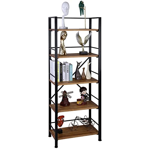 Crofy Rustic Bookshelf, 5 Tier Real Wood Bookshelf, Metal Book Shelf for Storage, Black Bookcase, 12.6" D x 23.62" W x 64.17" H