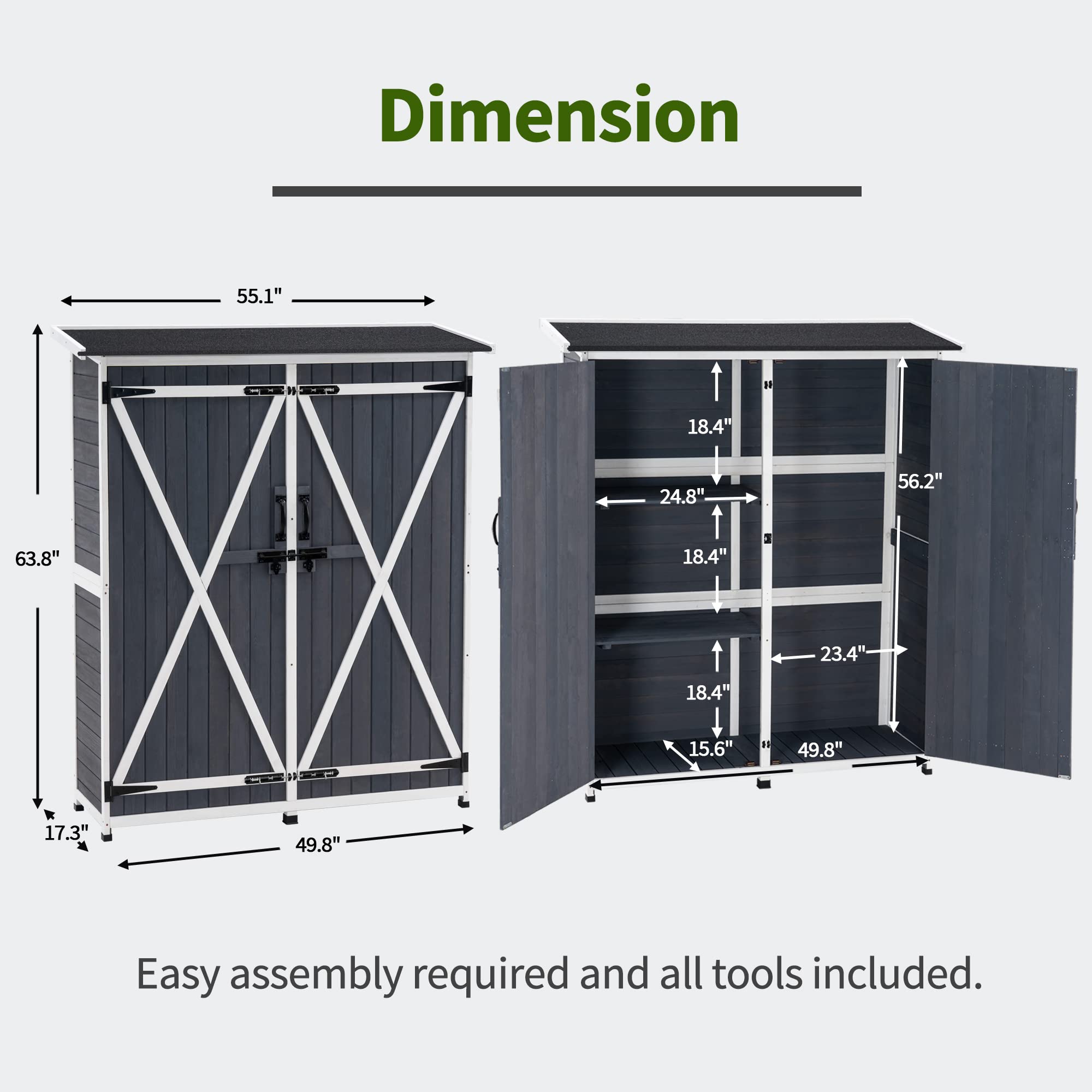 MCombo Storage Shed Backyard Utility Tools Organizer Outdoor Wooden Garden Racks Shelves with Lockers 2 Doors Home Furniture 6056-1400(Grey)