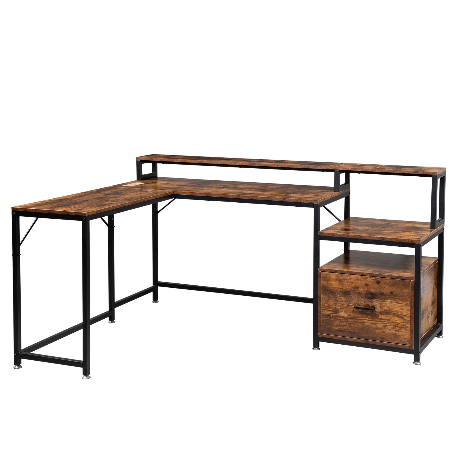 DESIGNSCAPE3D Spacious Retro Wood Grain L-Shaped Computer Desk with File Drawer Cabinet and Wireless Charging