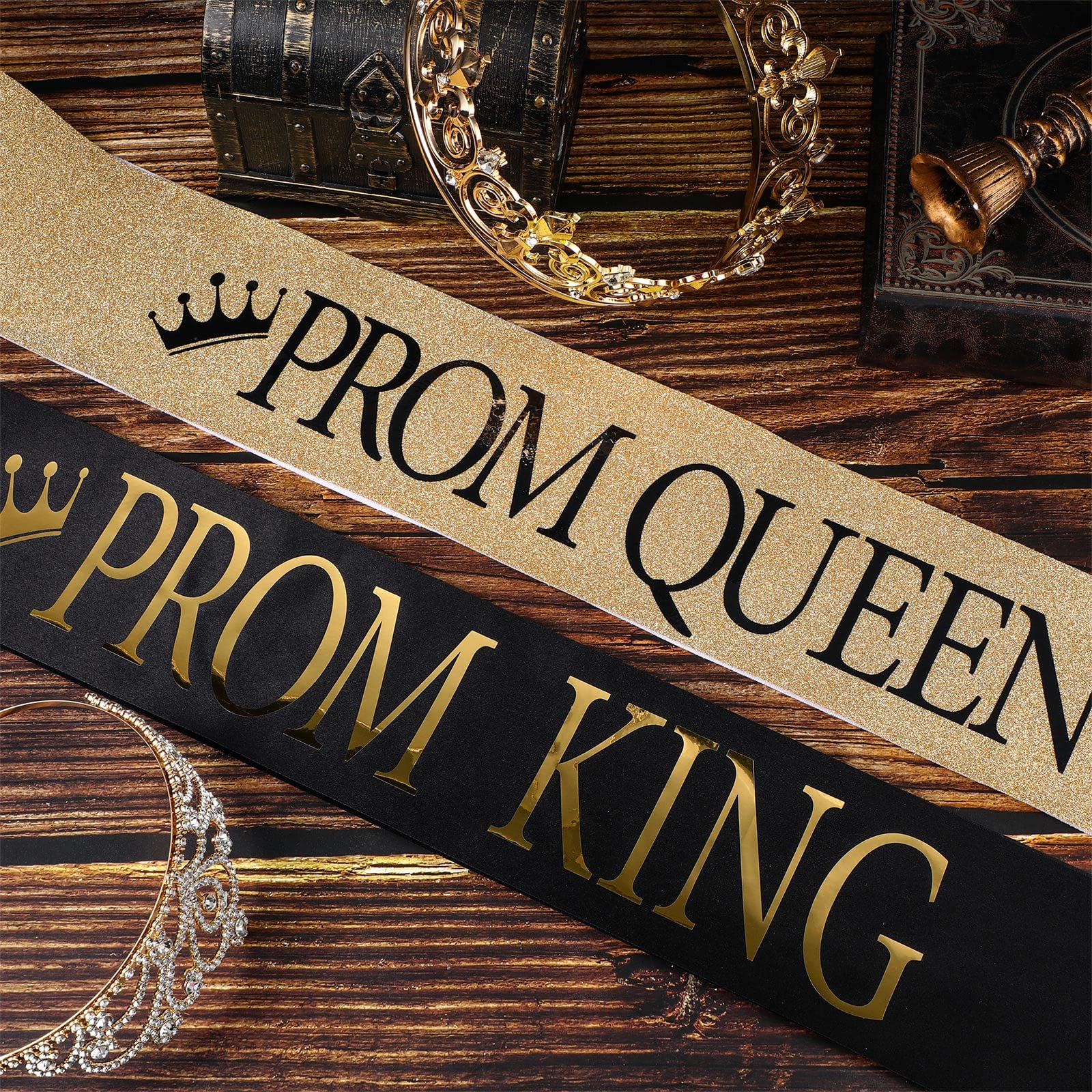 Lyrow 4 Pcs Prom Crowns and Sashes Set Halloween Prom King and Queen Tiara with Sash Birthday Party Graduation Accessories(Gold, Black)