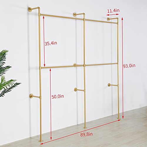 ZGZR Industrial Pipe Clothes Rack Metal Clothing Store Display Stands Wall Mounted Garment Rack, Heavy Duty Hanging Rod for Closet Storage, 89.8in Gold