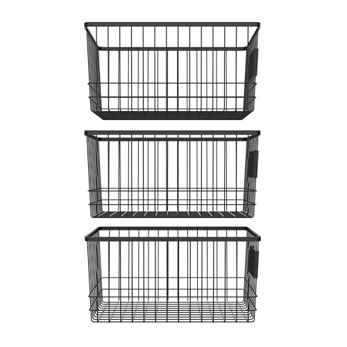 Oceanstar Metal Wire Organizer Bin Basket with Card Holder, Set of 3, Black, WBH1903
