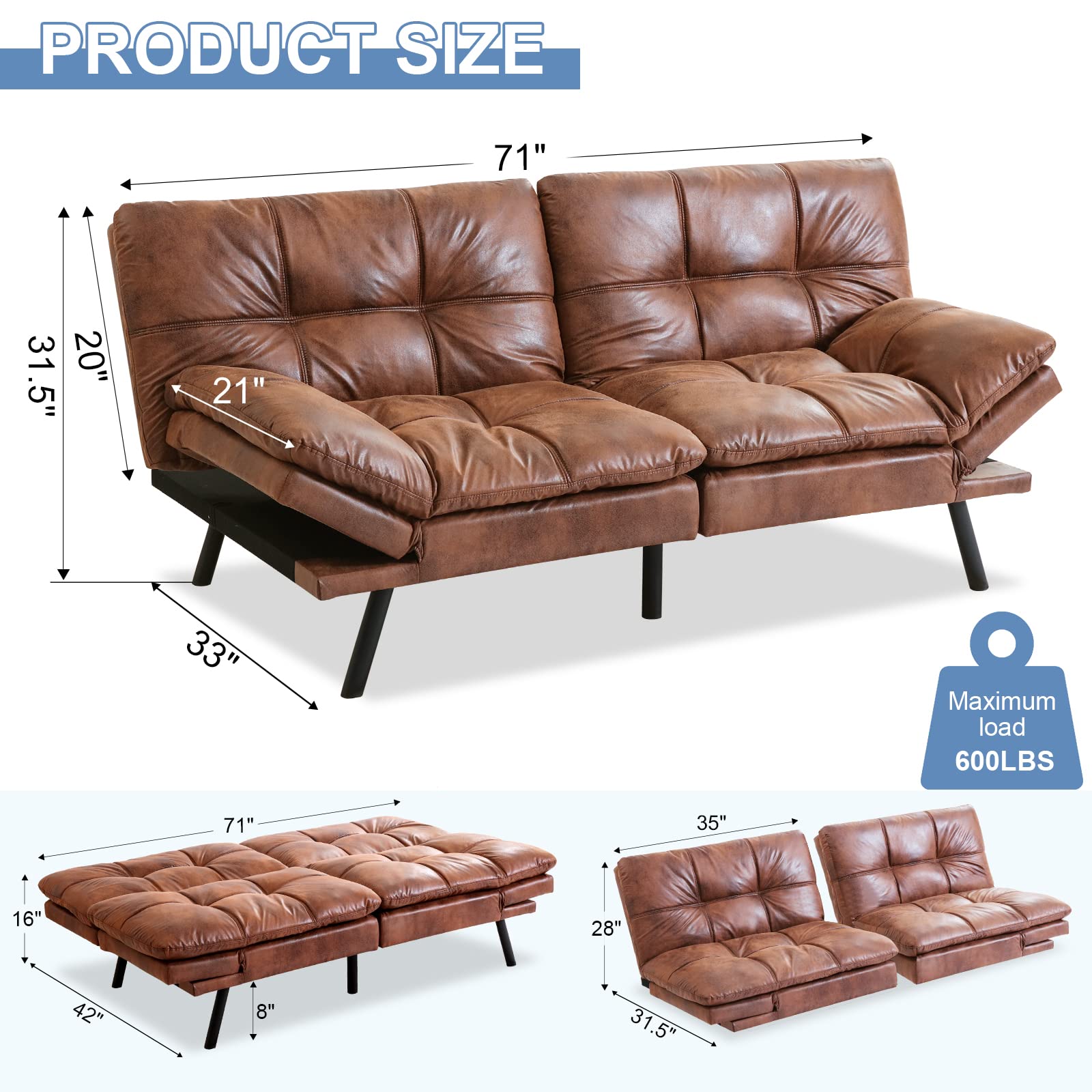 MUUEGM Futon Sofa Bed Convertible Memory Foam Sleeper Couch,Modern Faux Leather Loveseat for Living Room,Small Compact Space,Dorm,Office,Adjustable Armrests Backrest Sofabed, Brown