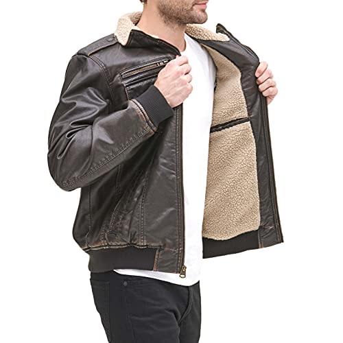 Levi's mens Vintage Deer Sherpa Lined Aviator Bomber Faux Leather Jacket, Dark Brown, Large US