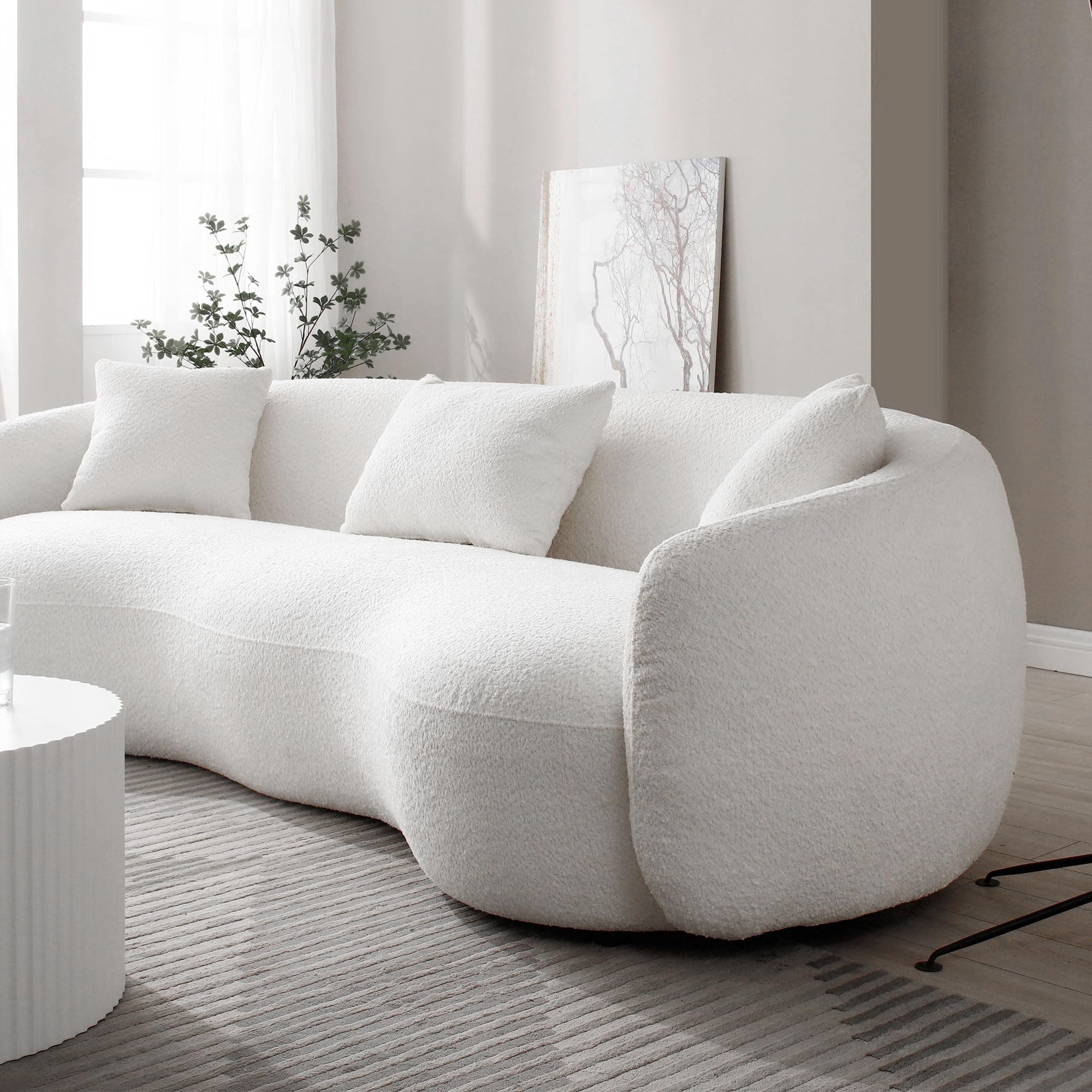 LyuHome Curved Sofa Couch, 93.6" 4-Seater Modern Boucle Sectional Sofa Couch, Comfy Cloud Upholstered 4 Seat Leisure Cushion Sofa with Pillows for Living Room, Bedroom, Office, Apartment,White