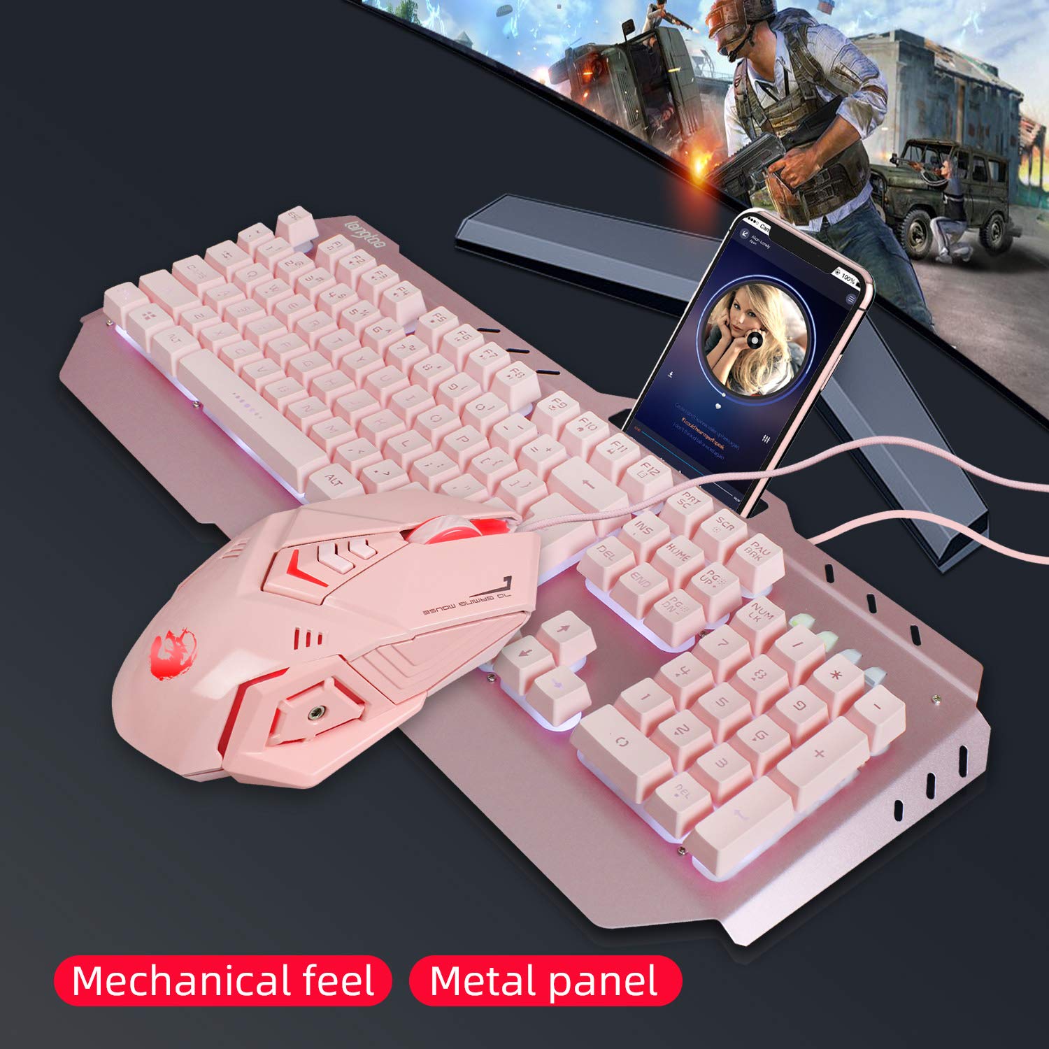 DGG Pink 4-in-1 Gaming Keyboard Mouse Headset Combo, White Led Backlit 104 Keys Ergonomic Gamer Keyboard+4800DPI Adjust Optical Game Mouse+3.5mm Gaming Stereo Headset