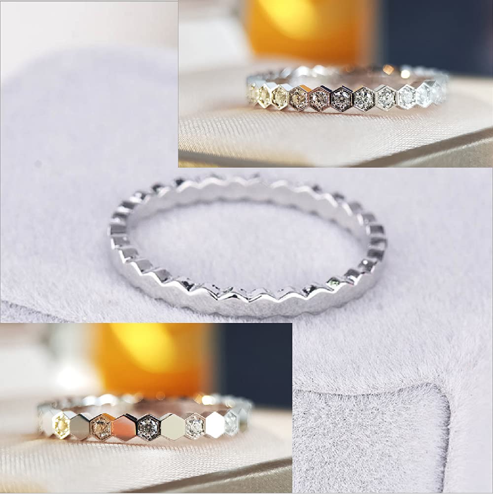 Detail 18K Plated Platinum/Rose Gold Cute Bee Honeycomb Ring Minimalist Women's Geometric 3PCS Set Shiny Cubic Zirconia Diamond Hexagonal Ring Wedding Anniversary Eternity Ring (8#, Platinum)