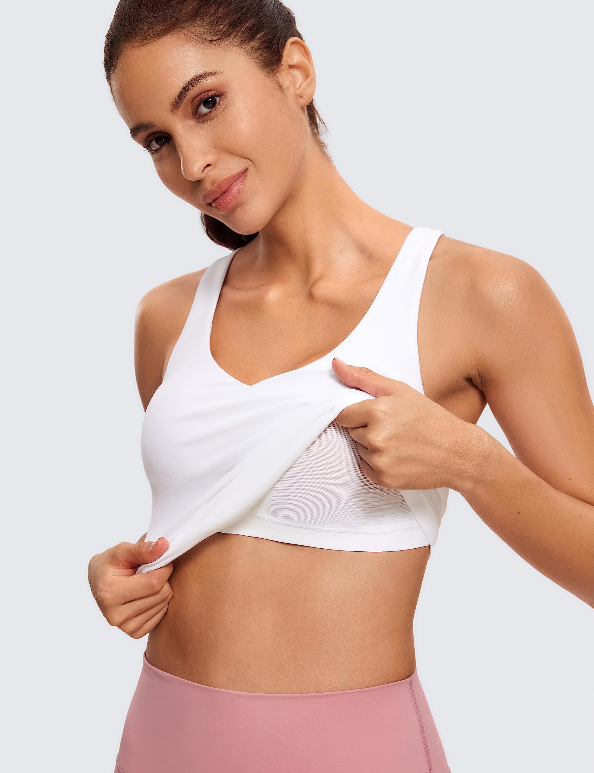 CRZ YOGA Butterluxe Womens V Neck Workout Tank Tops with Built in Bras - Sleeveless Padded Racerback Yoga Athletic Camisole White Medium